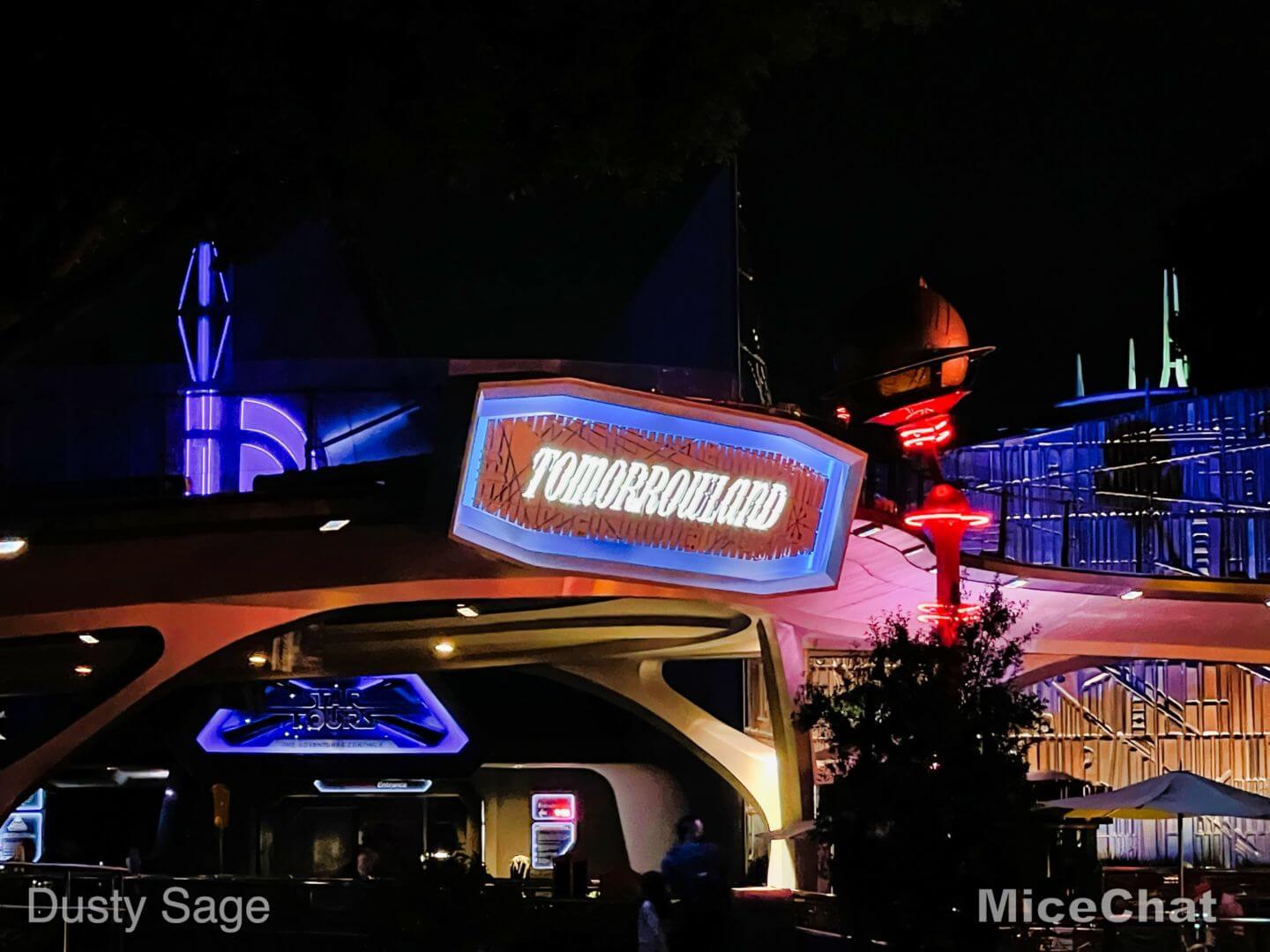 Disneyland Tomorrowland Sign Night-micechat - MiceChat
