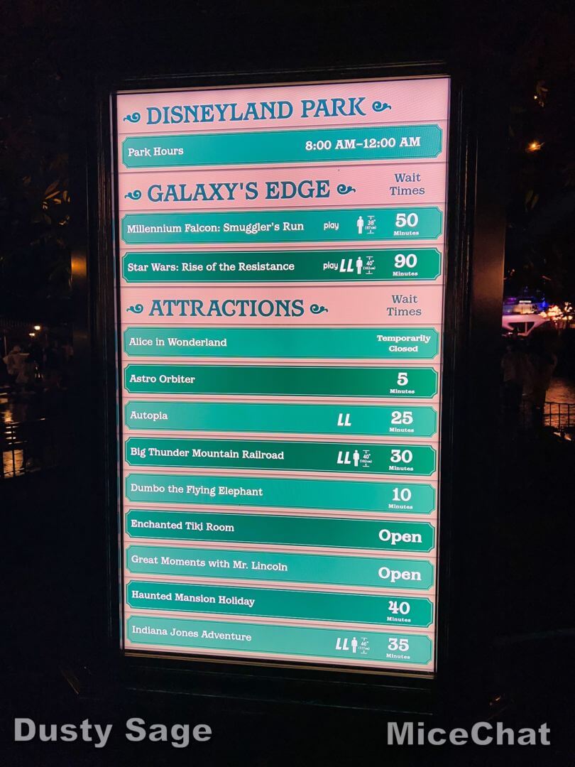 Disneyland Rain crowds wait time board 2-micechat - MiceChat