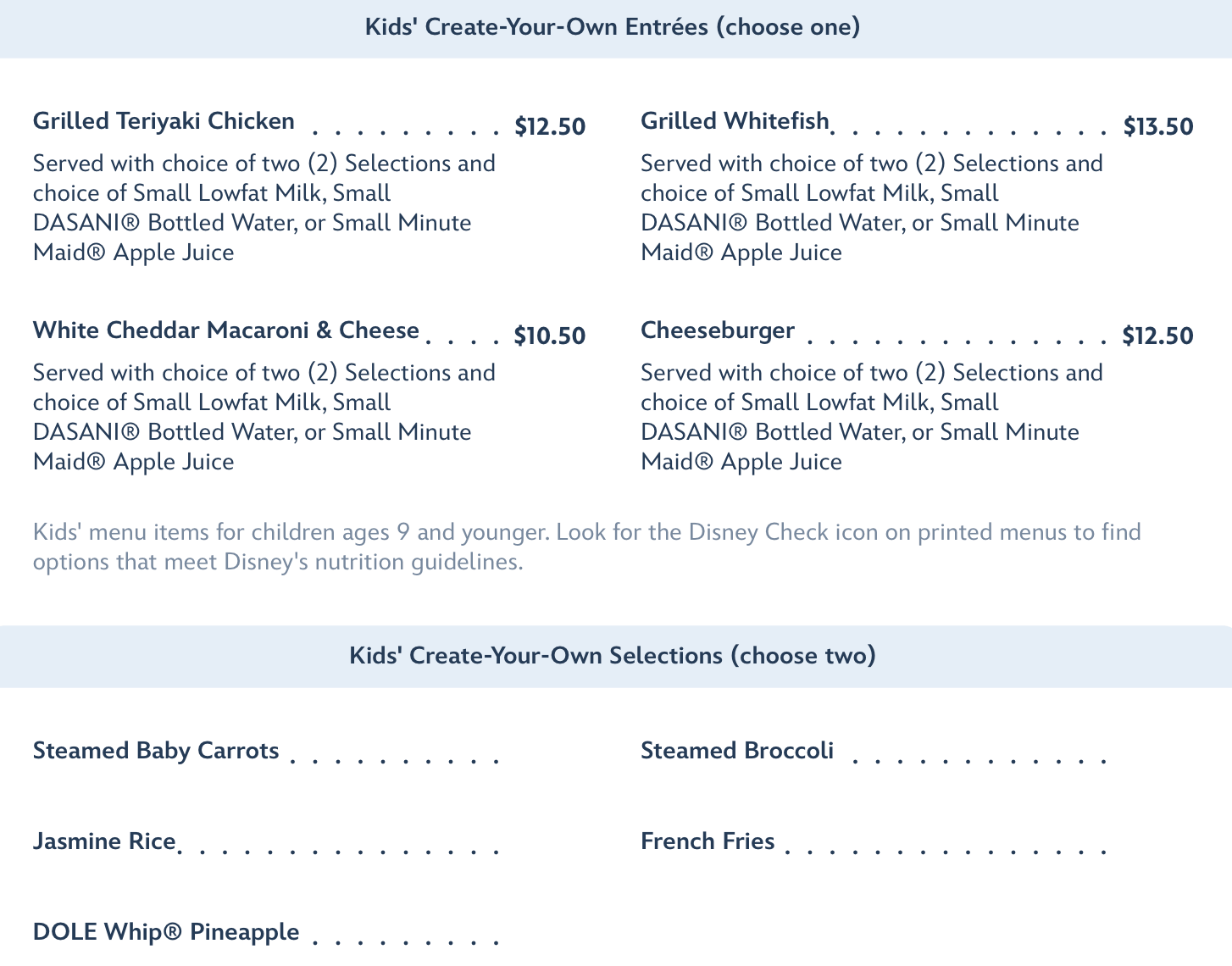 Walt Disney World Wailulu bar and grill Kids menu - MiceChat